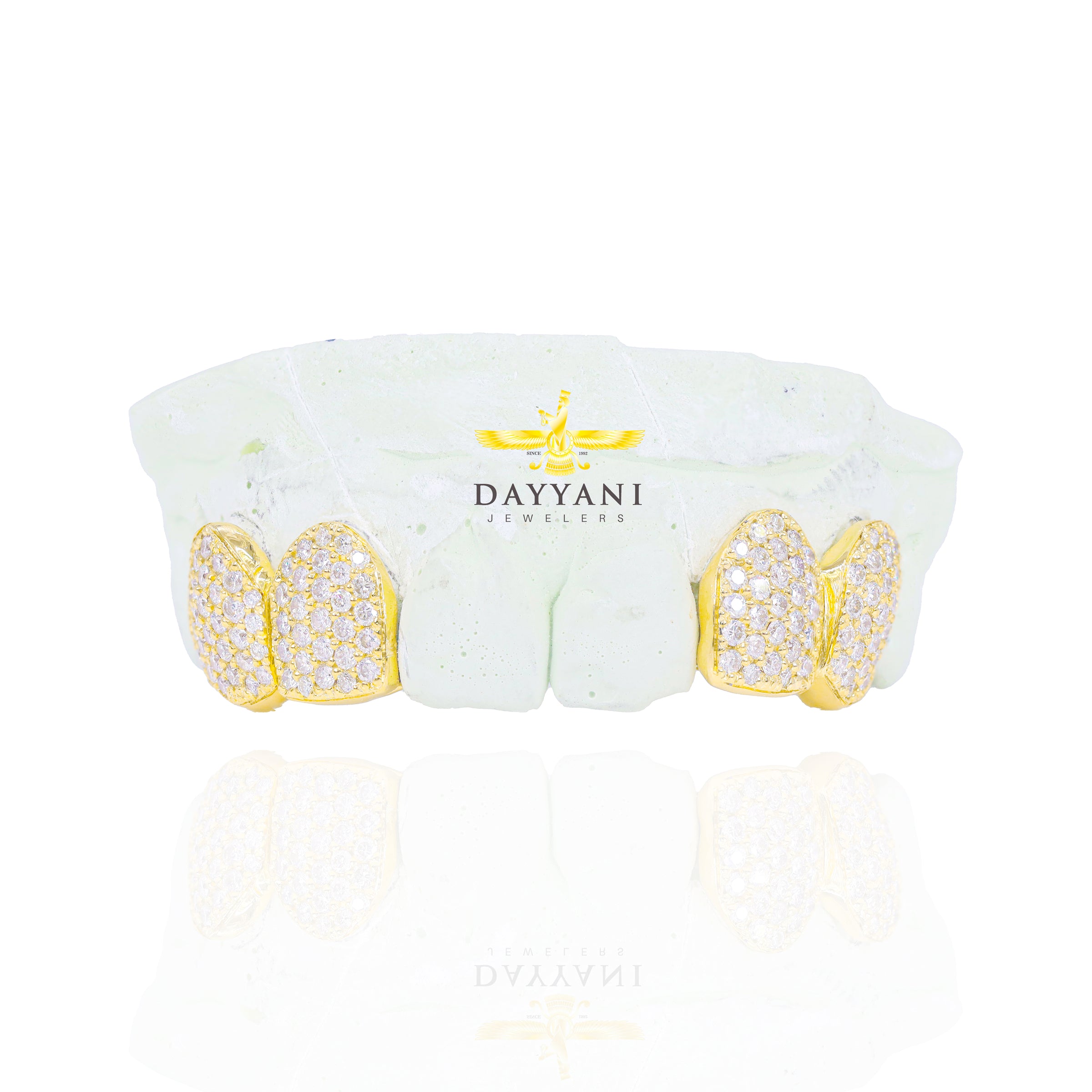 Custom 4 Teeth Diamond Grillz with Back Bar Gold Grillz