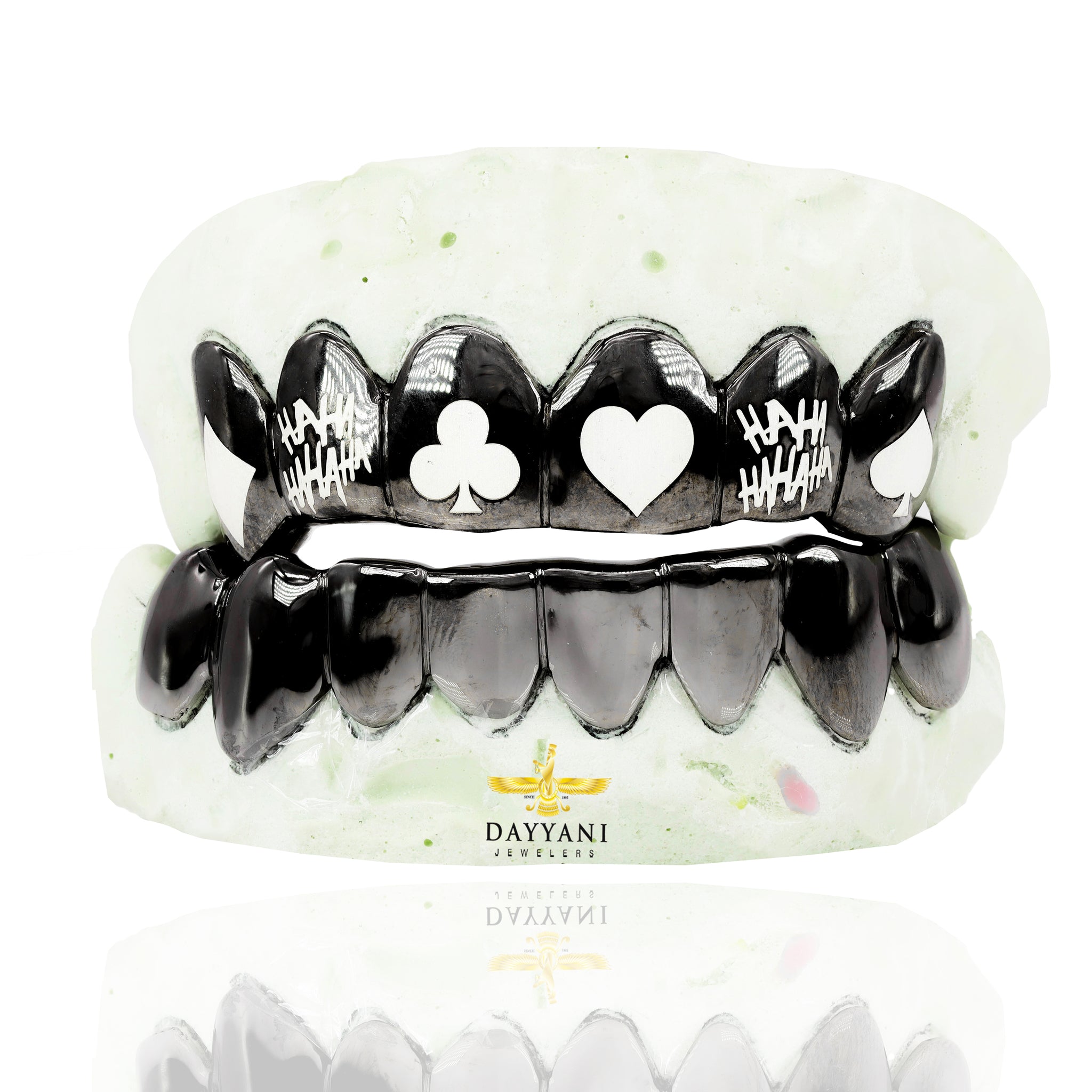 Custom 6 Teeth Joker Grill with Black Rhodium with Engravings Gold Gri