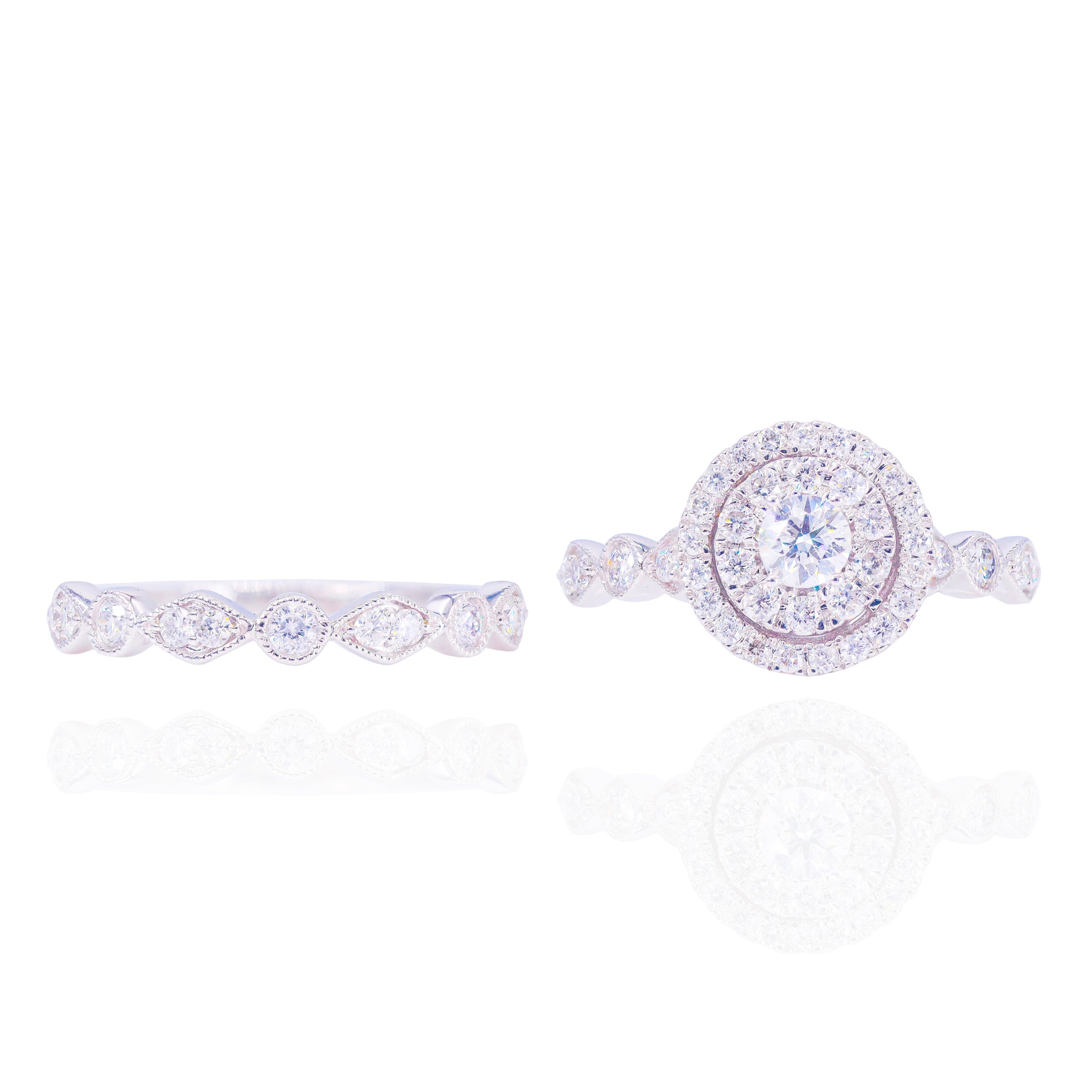 Multi-Shaped Bezeled Band Diamond Engagement Ring Duo