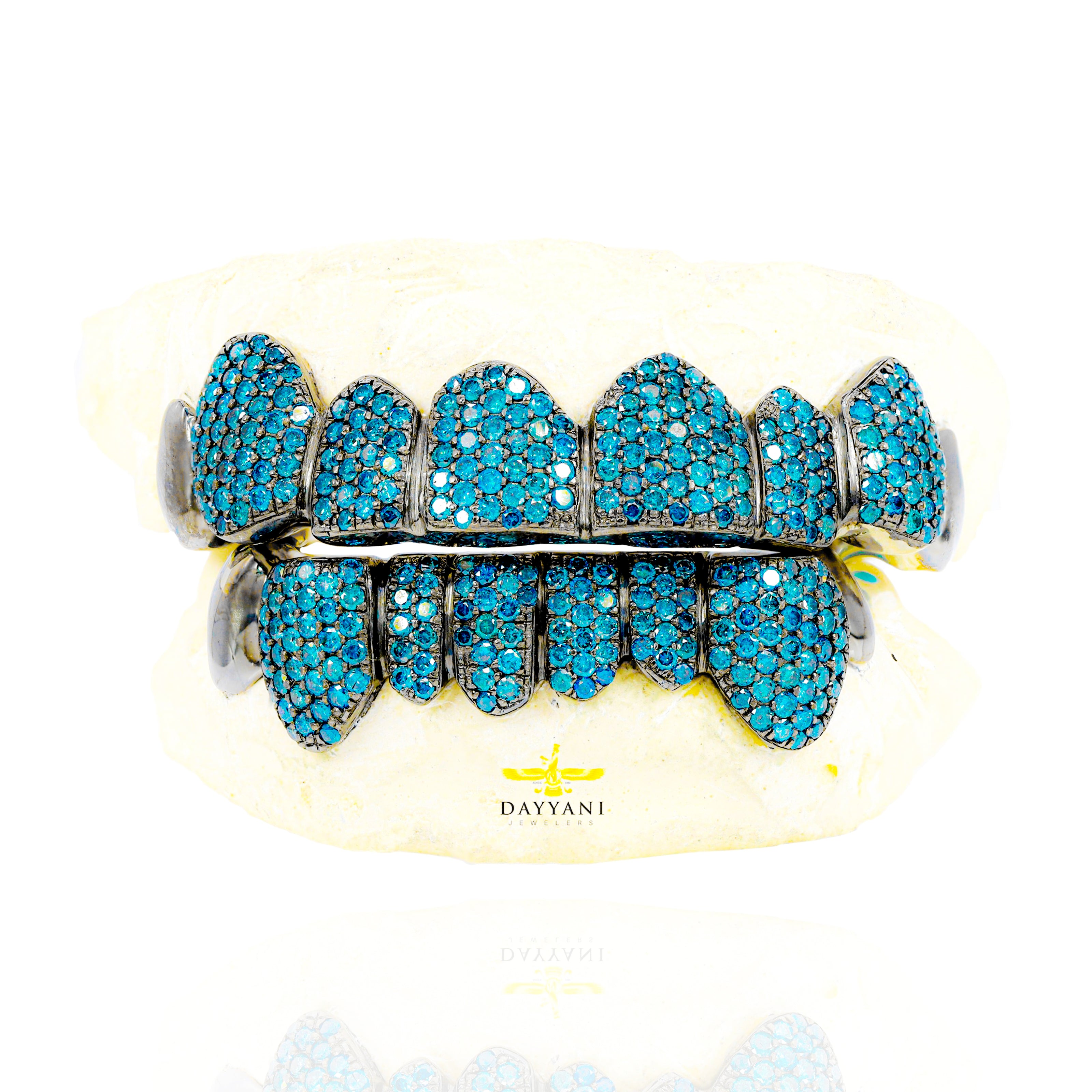 Custom Blue Color Natural Diamond Grillz & Black Rhodium Gold Grillz