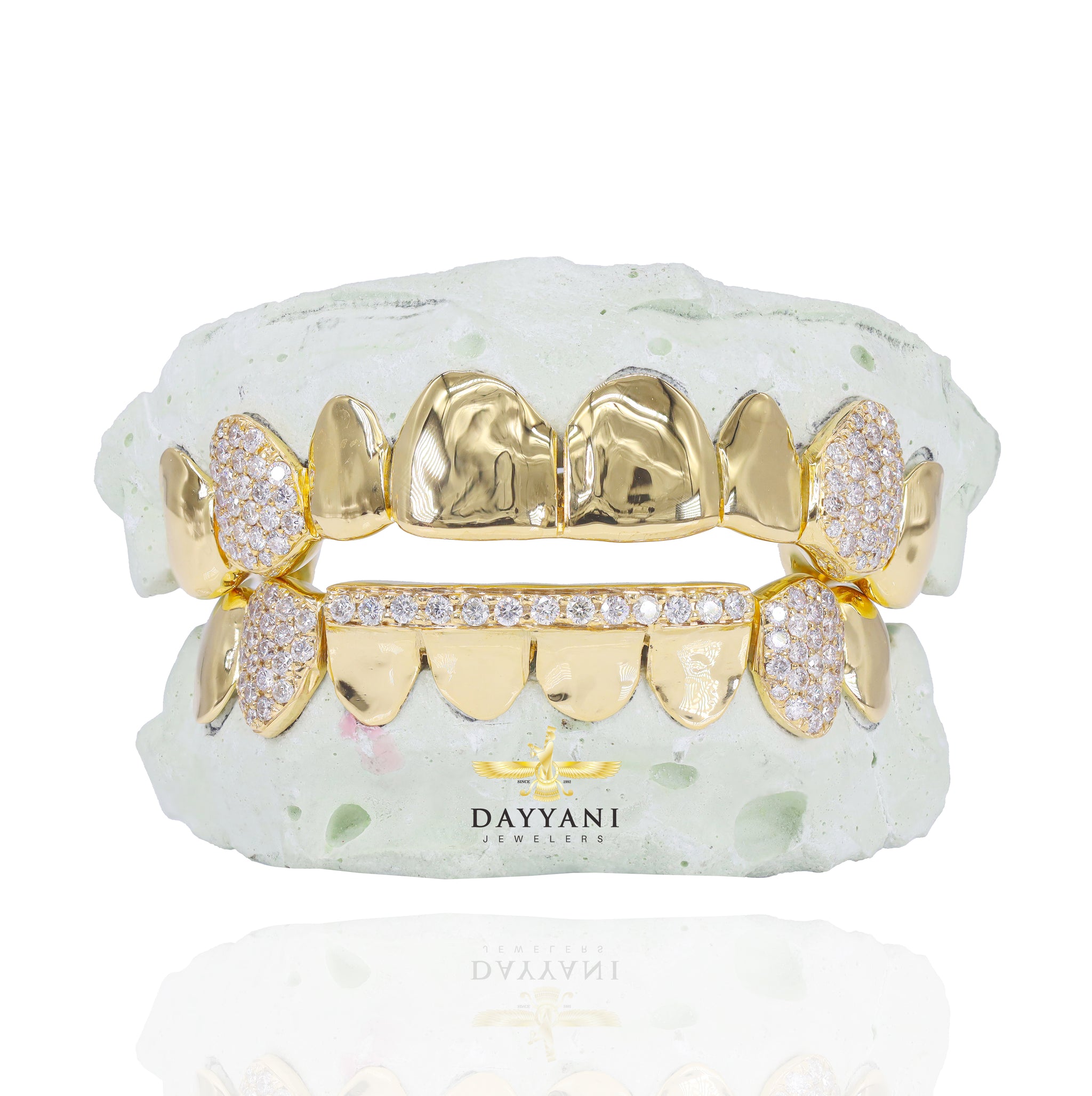 Custom 8 on 8 Teeth Diamond Fangs & Diamond Bar Gold Grillz