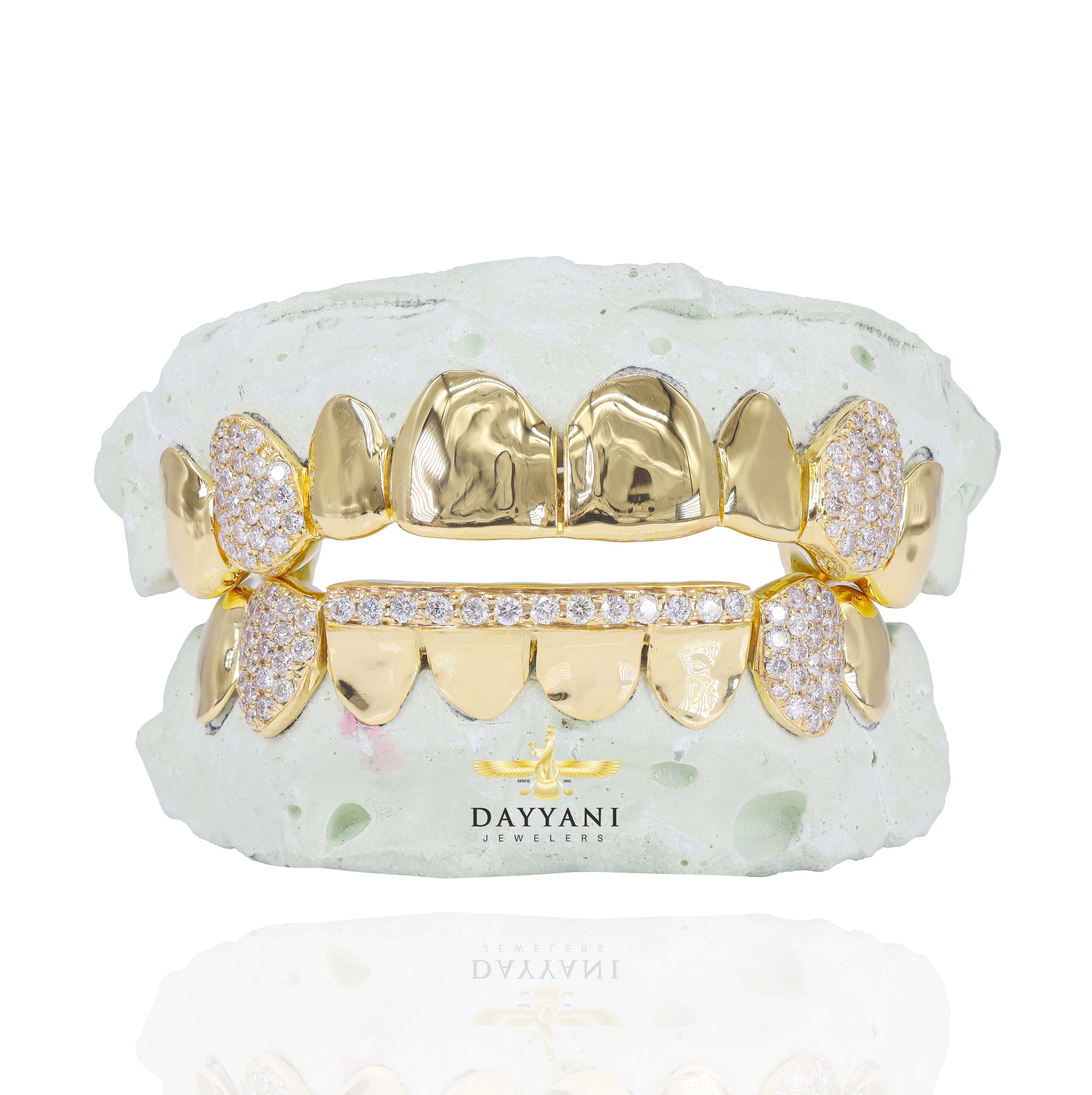 Custom 8 on 8 Teeth Diamond Fangs & Diamond Bar Gold Grillz