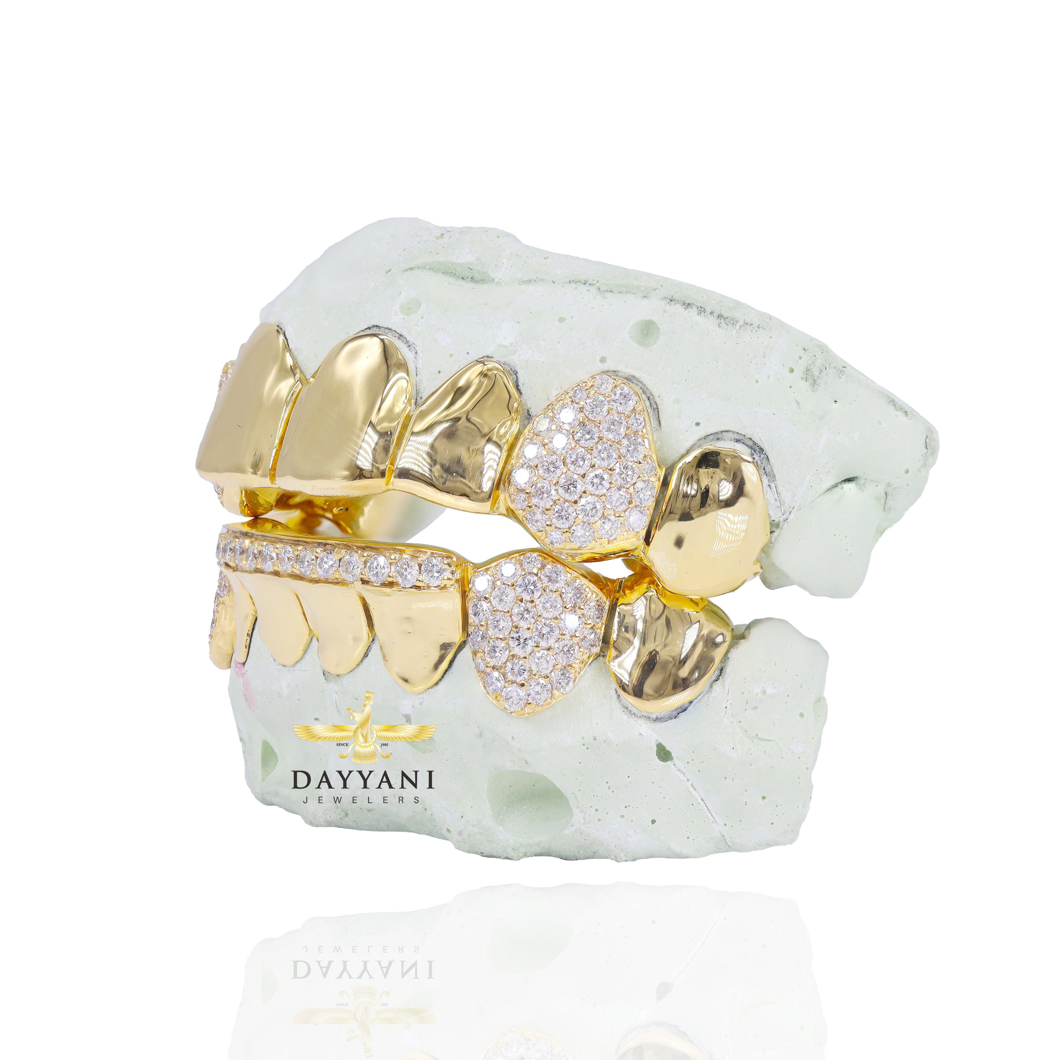 Custom 8 on 8 Teeth Diamond Fangs & Diamond Bar Gold Grillz