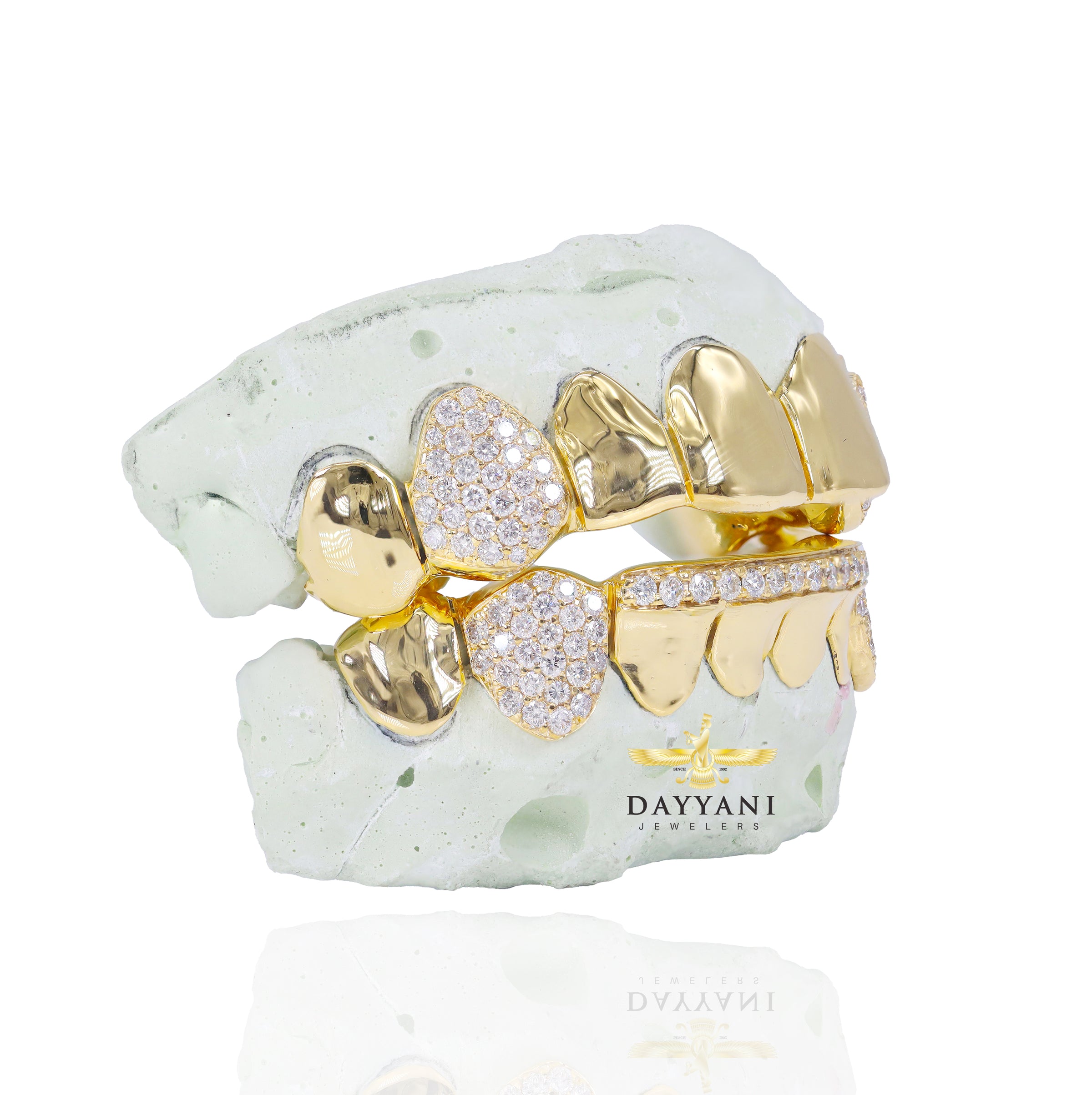 Custom 8 on 8 Teeth Diamond Fangs & Diamond Bar Gold Grillz