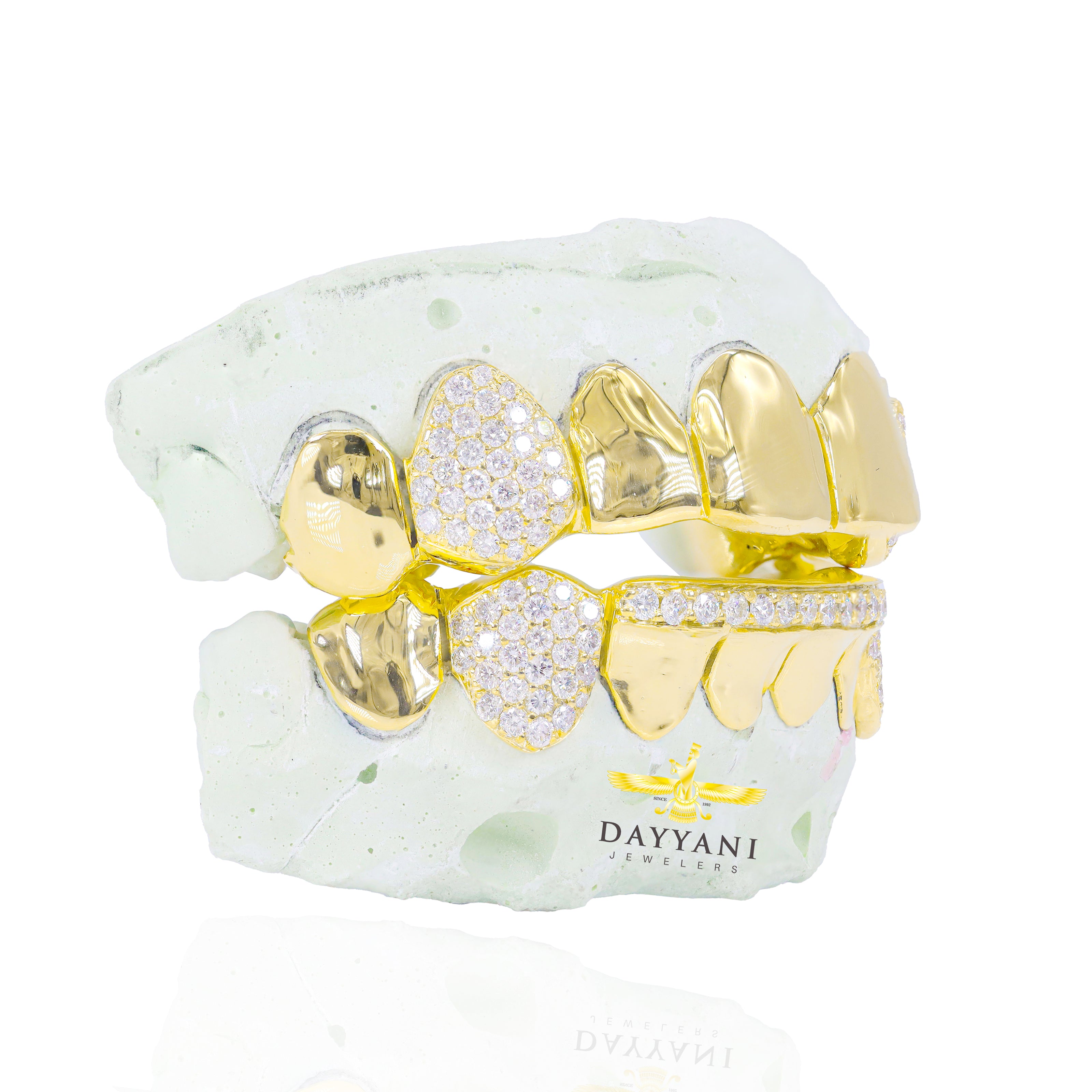 Custom 8 on 8 Teeth Diamond Fangs & Diamond Bar Gold Grillz