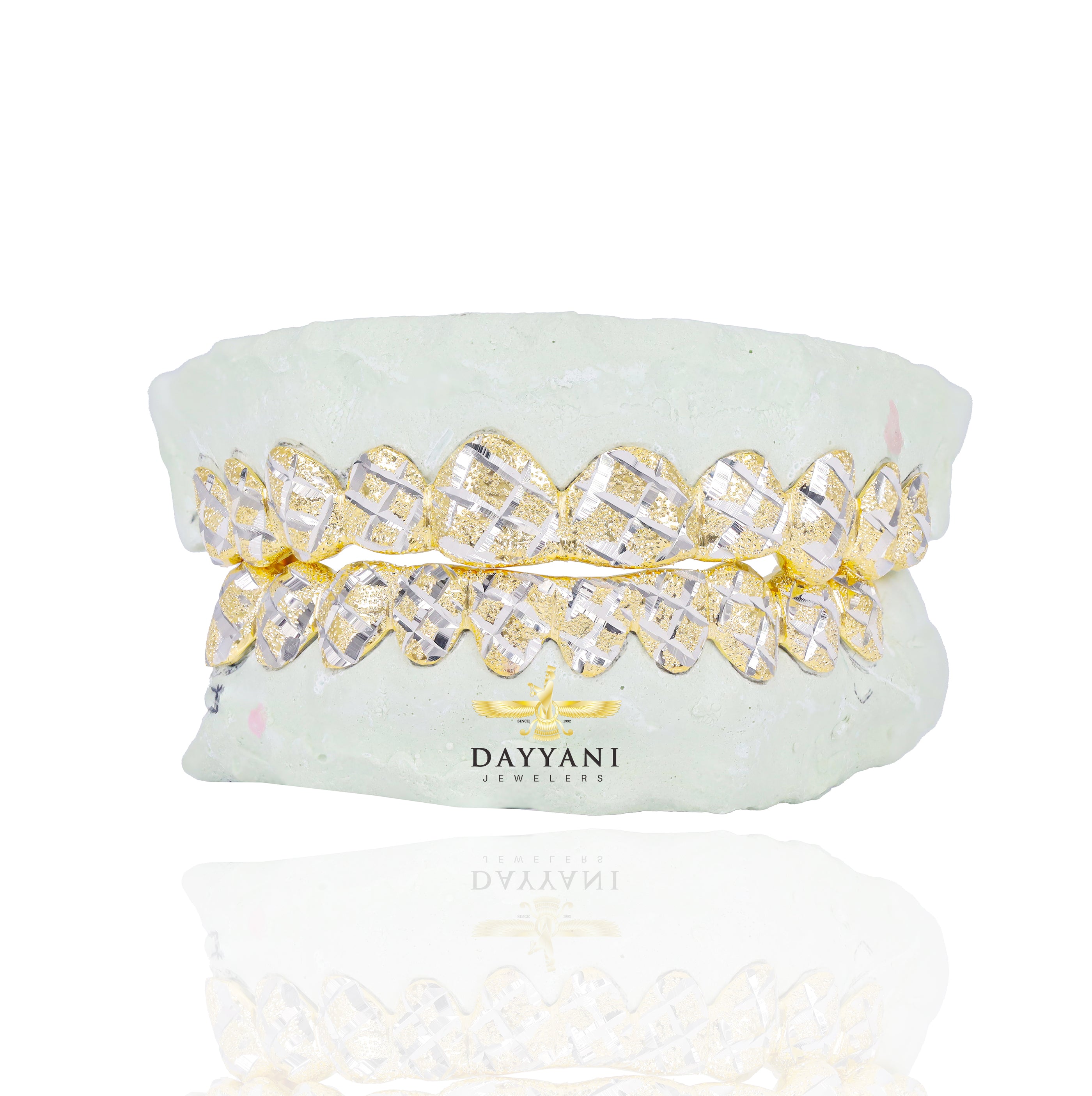 Custom Diamond Cut Diamond Dust Two-Tone Gold Grillz