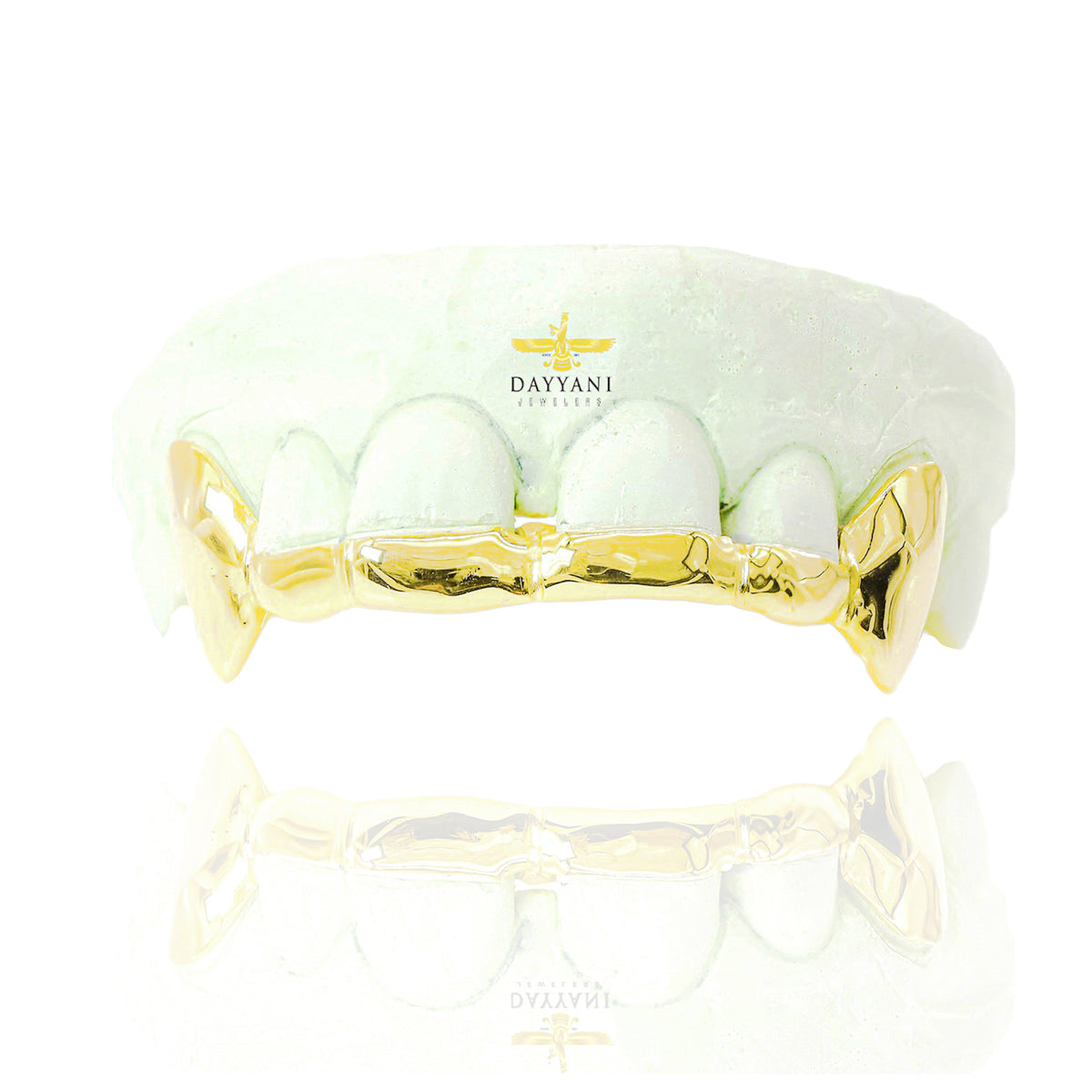 Custom 2 Teeth with Front Bar with Extended Fangs Gold Grillz