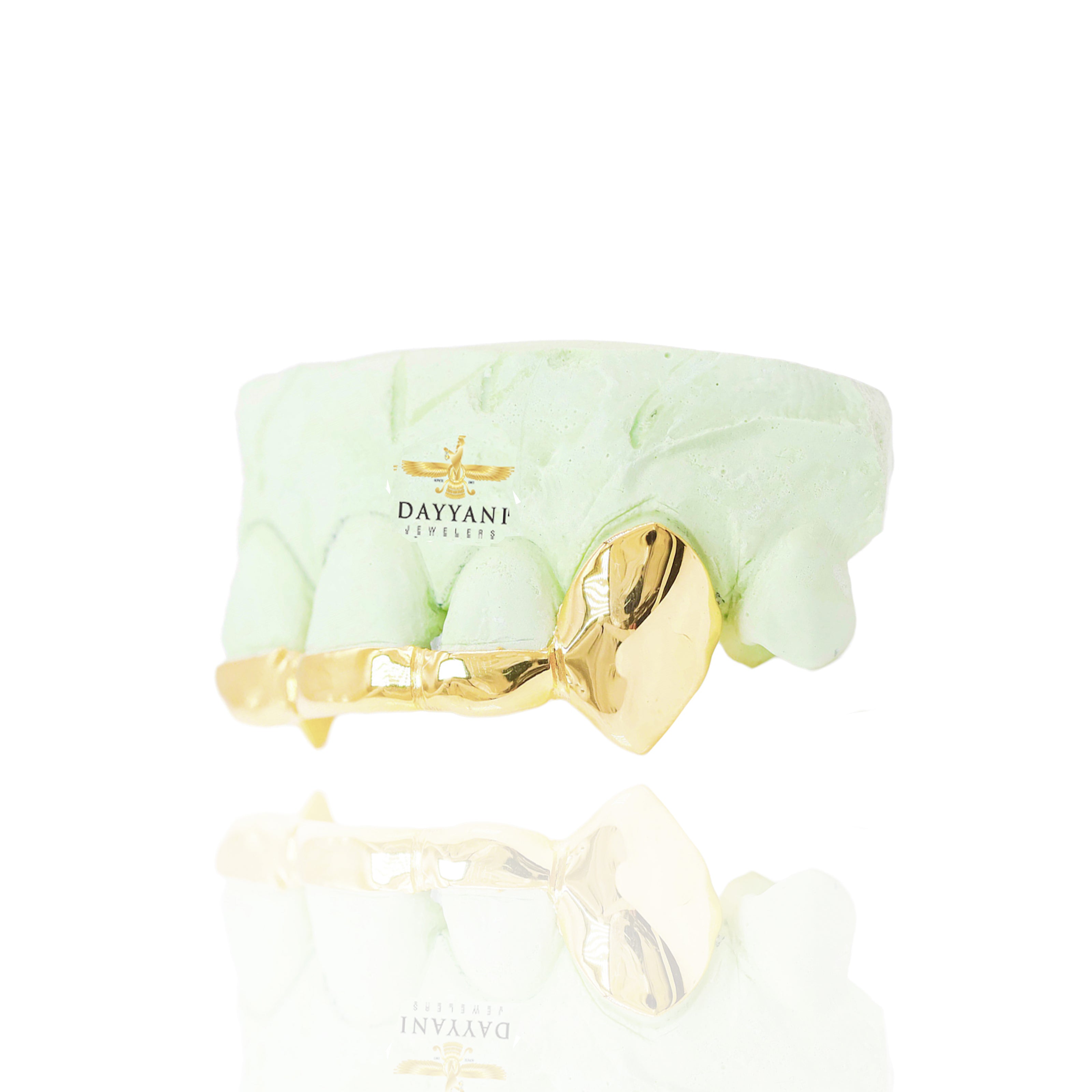 Custom 2 Teeth with Front Bar with Extended Fangs Gold Grillz