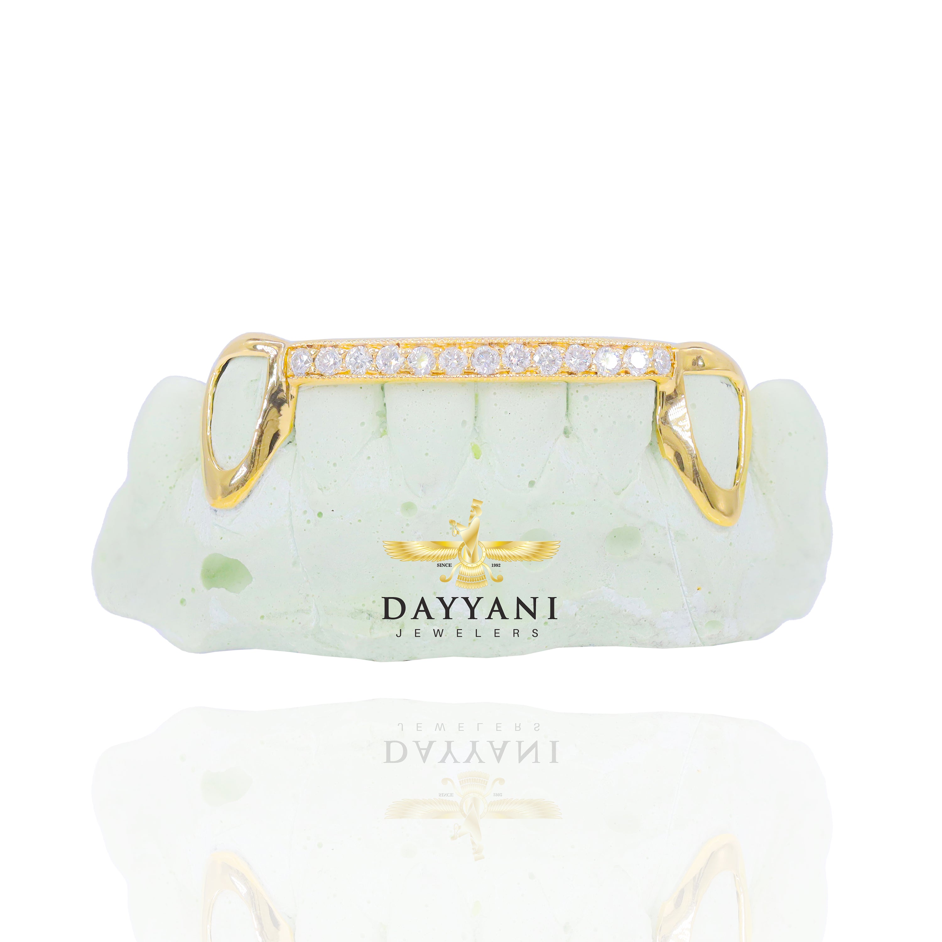 Custom One Row Diamond Bar Open Face Fangs Gold Grillz