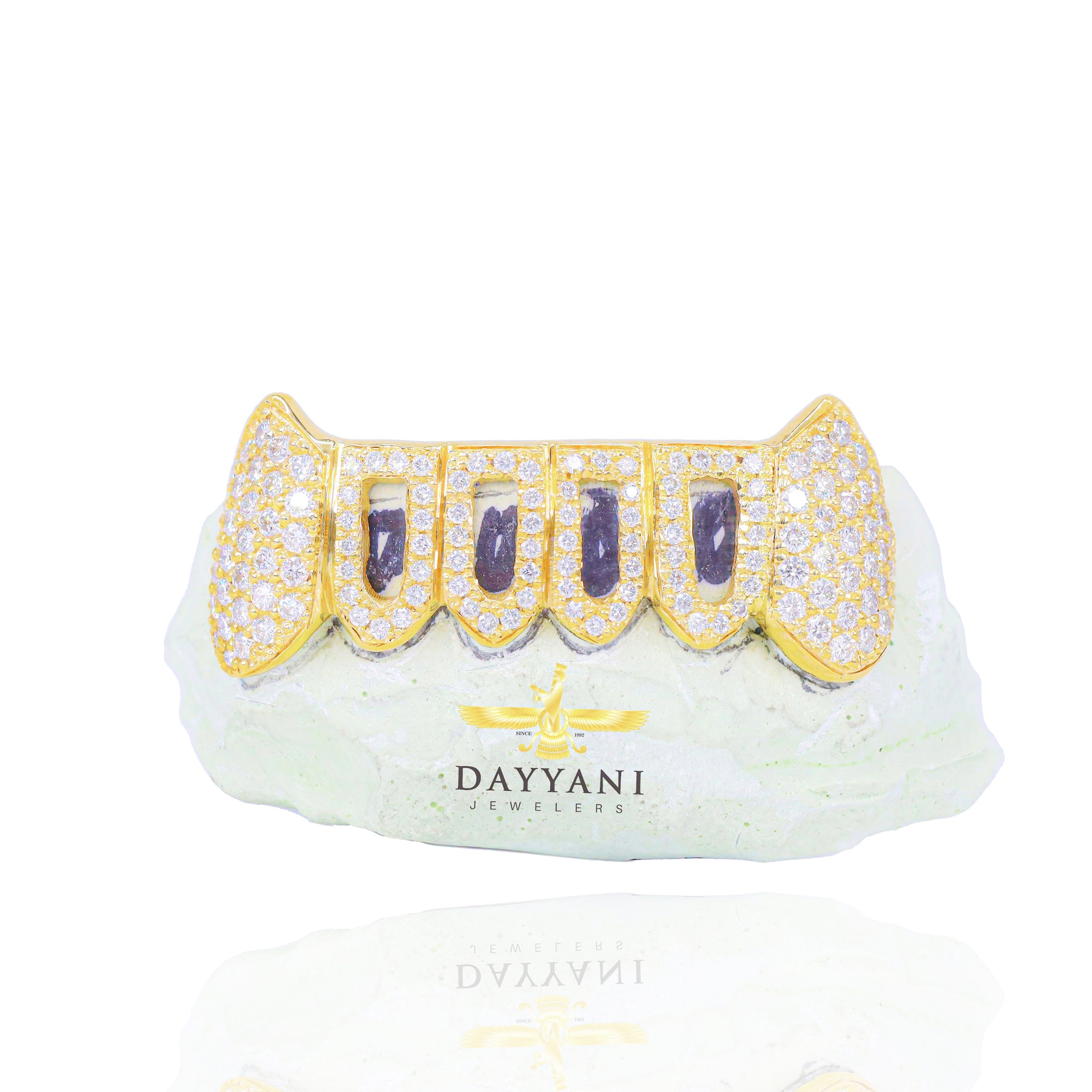 Custom Open Face Diamond w/ Diamond Extended Fangs Gold Grillz