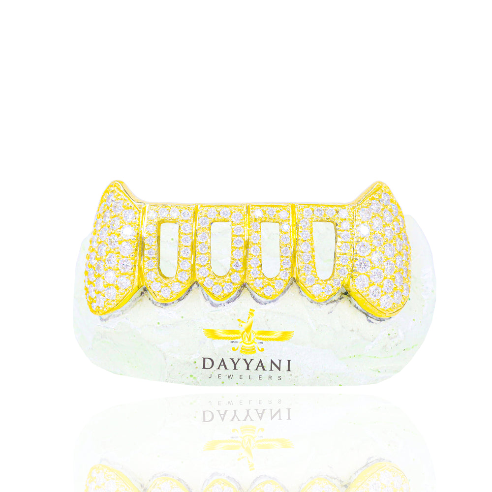 Custom Open Face Diamond w/ Diamond Extended Fangs Gold Grillz