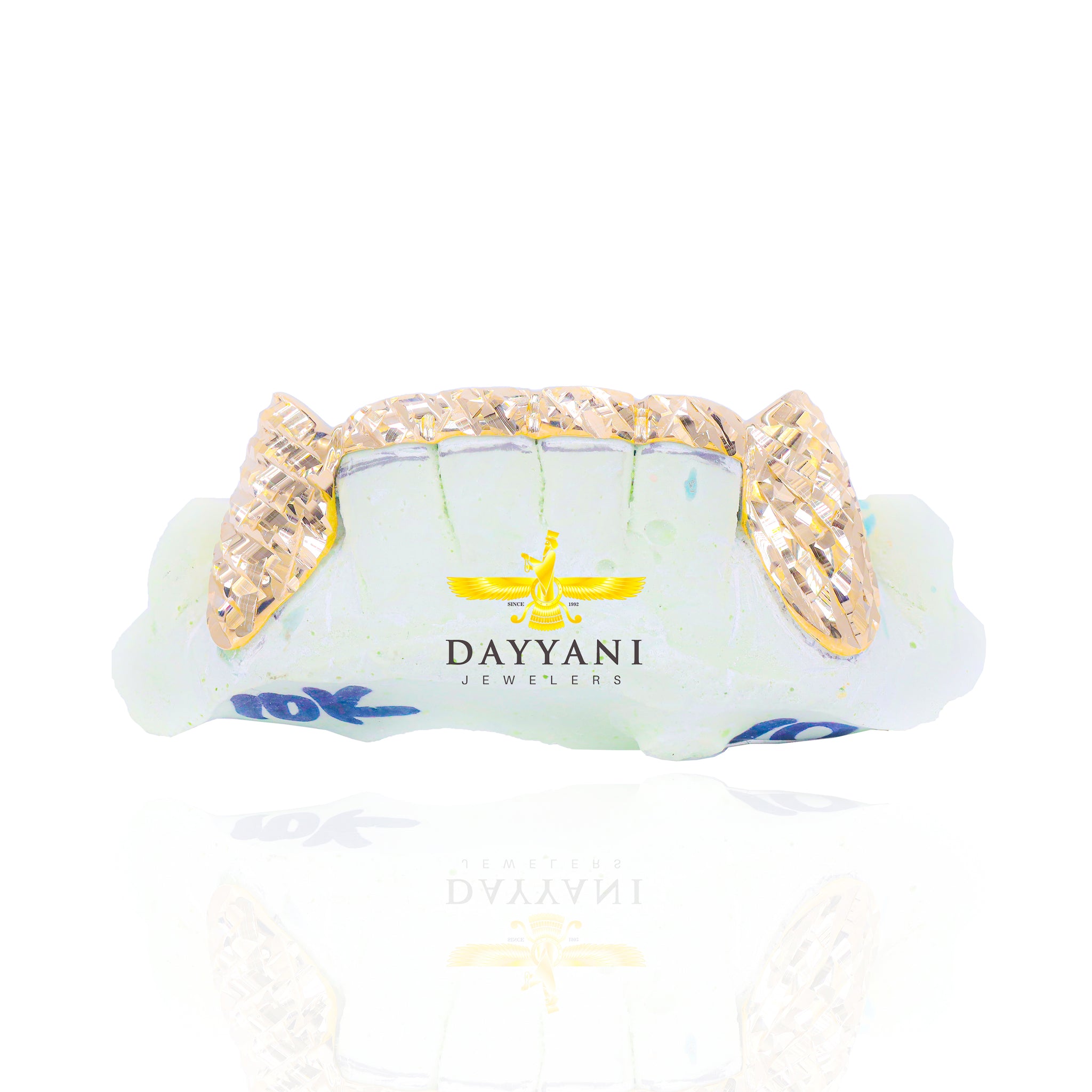Custom 2 Teeth Extended with Bar with Trillion Cut Gold Grillz