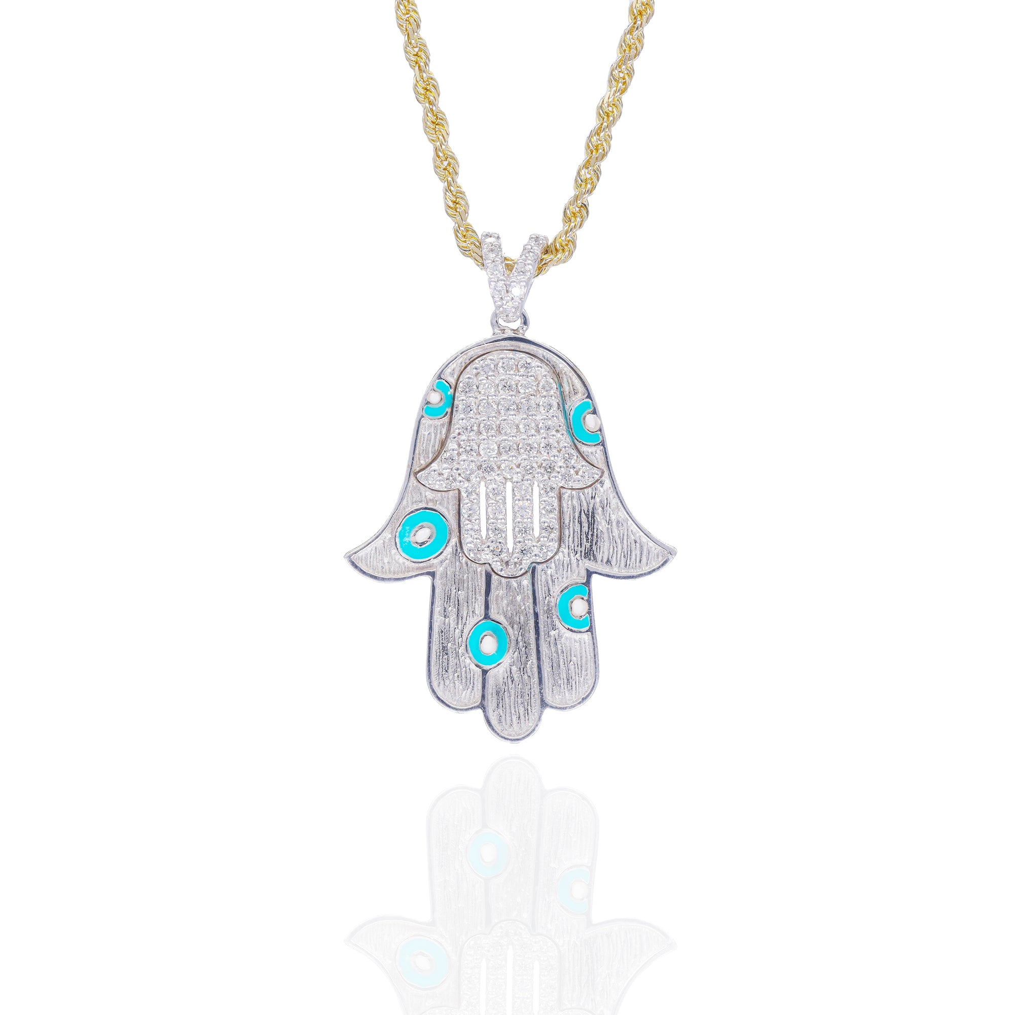 Diamond Hamza Hand with Solid Gold/Enamel Evil Eye Design | FREE Chain