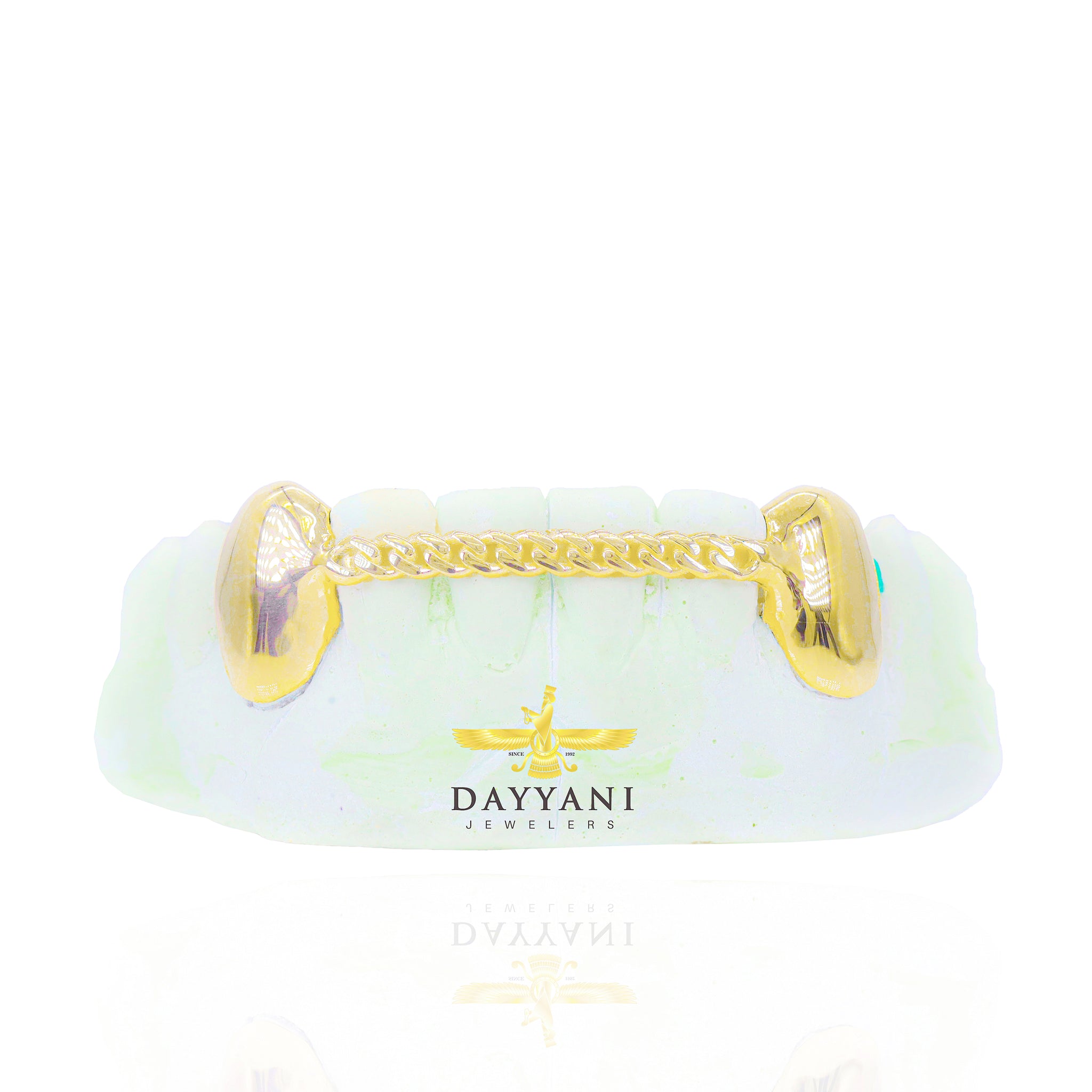 Custom 2 Teeth Fangs with Cuban Link Front Bar Gold Grillz