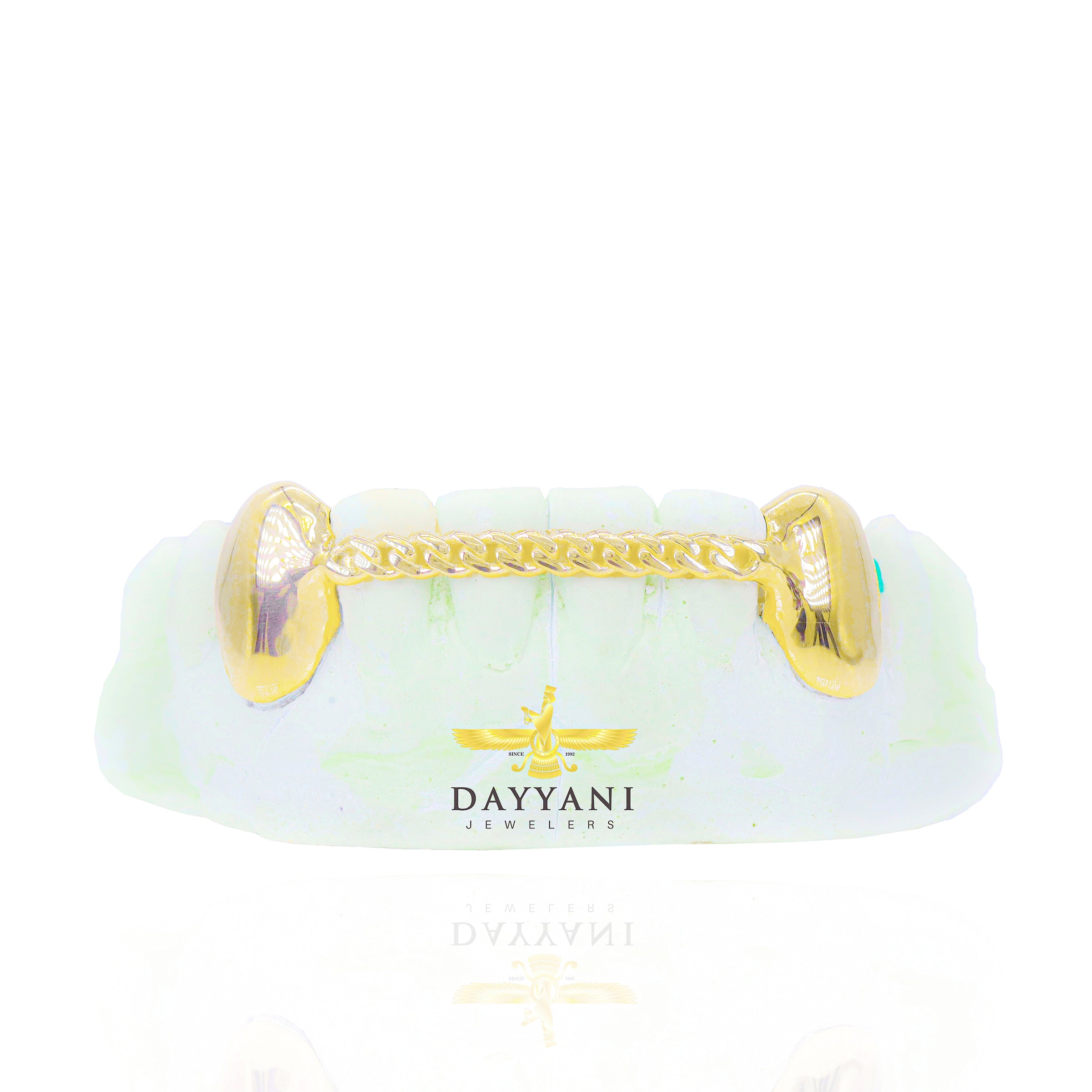 Custom 2 Teeth Fangs with Cuban Link Front Bar Gold Grillz