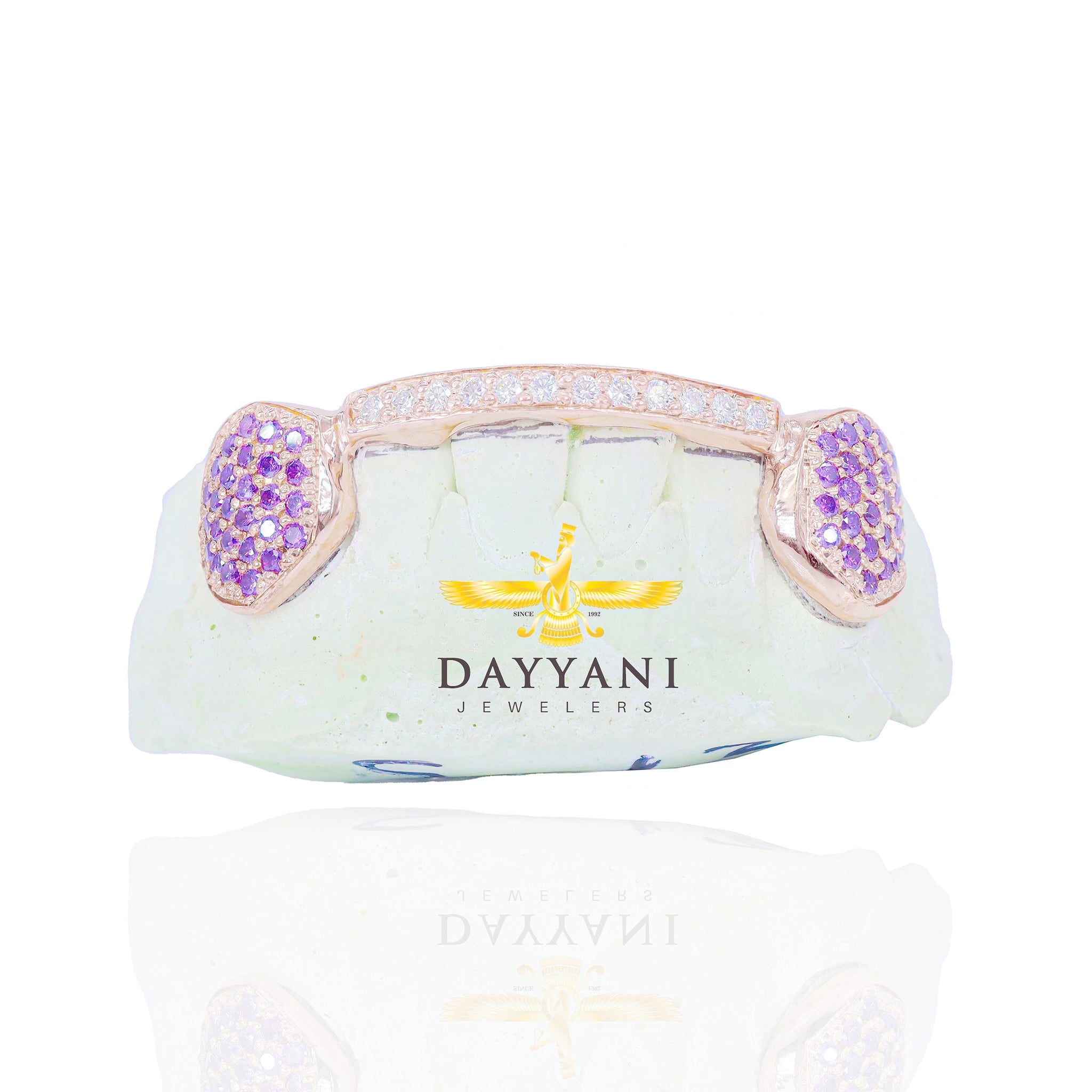 Custom One Row Diamond Bar w/ Colored Gemstone Fangs Gold Grillz