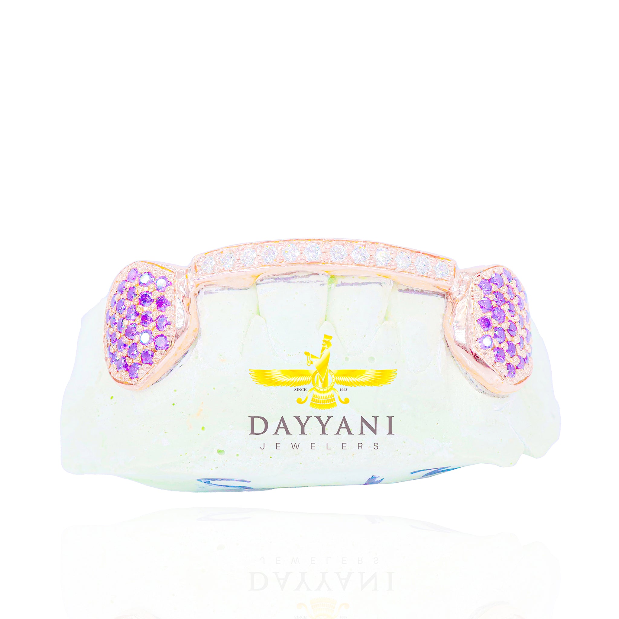 Custom One Row Diamond Bar w/ Colored Gemstone Fangs Gold Grillz