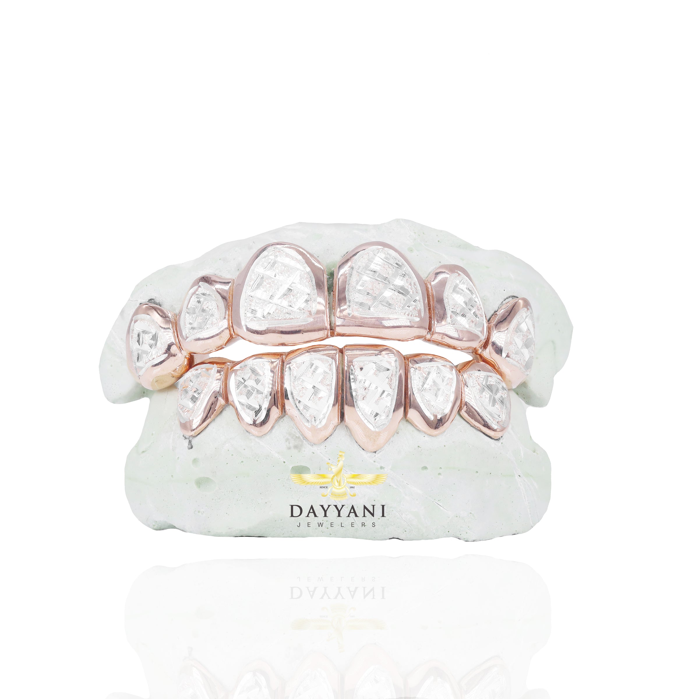 Custom Two-Tone Diamond Cut & Diamond Dust w/ Solid Trim Gold Grillz