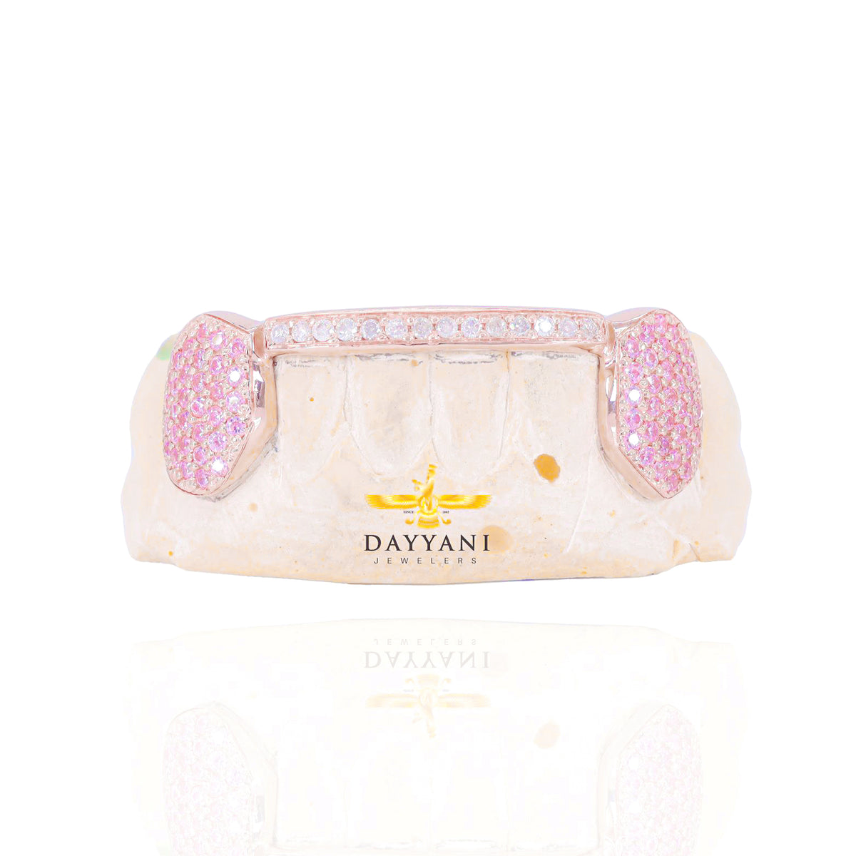 Custom One Row Diamond Bar w/ Colored Gemstone Fangs Gold Grillz