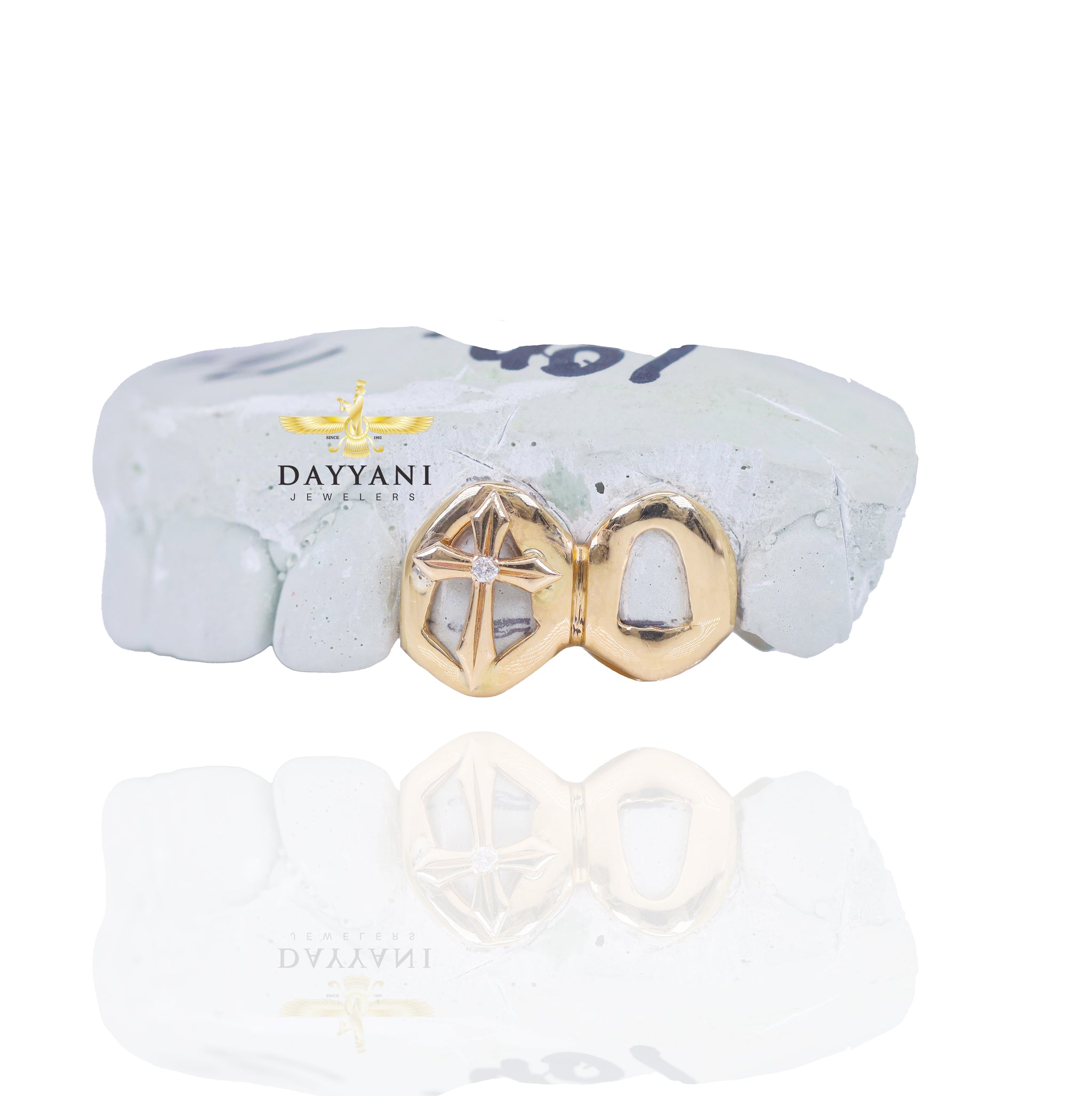 Custom Two Teeth Open Face Roman Cross with One Stone Grillz Custom Gr