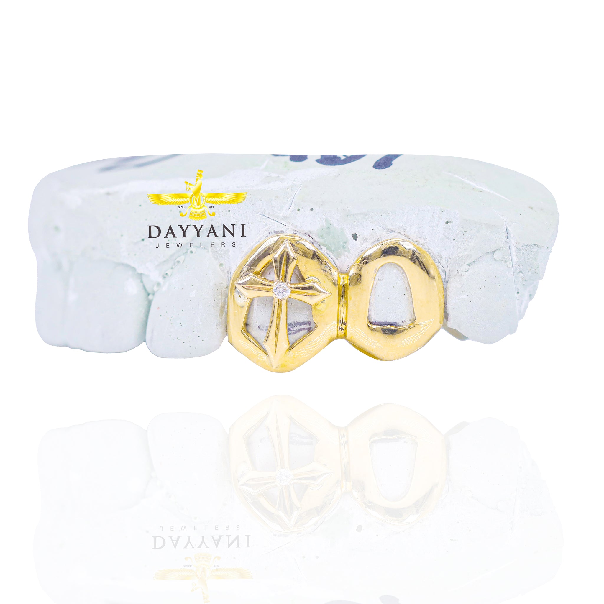 Custom Two Teeth Open Face Roman Cross with One Stone Grillz Custom Gr