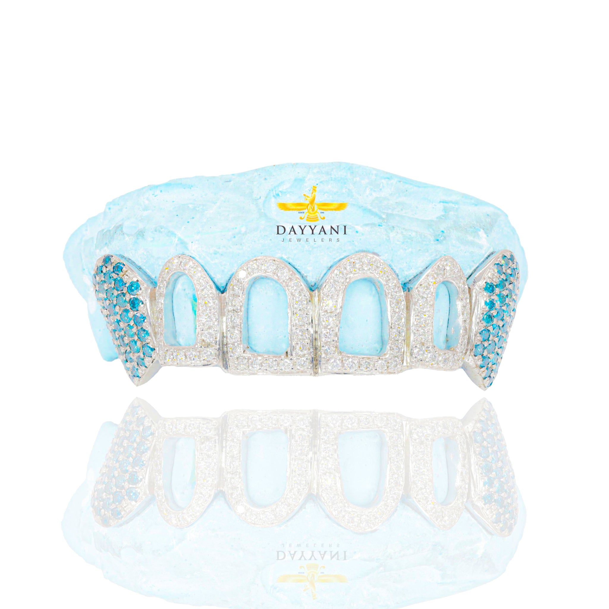 Custom Diamond Open Face with Blue Diamond Fangs Gold Grillz