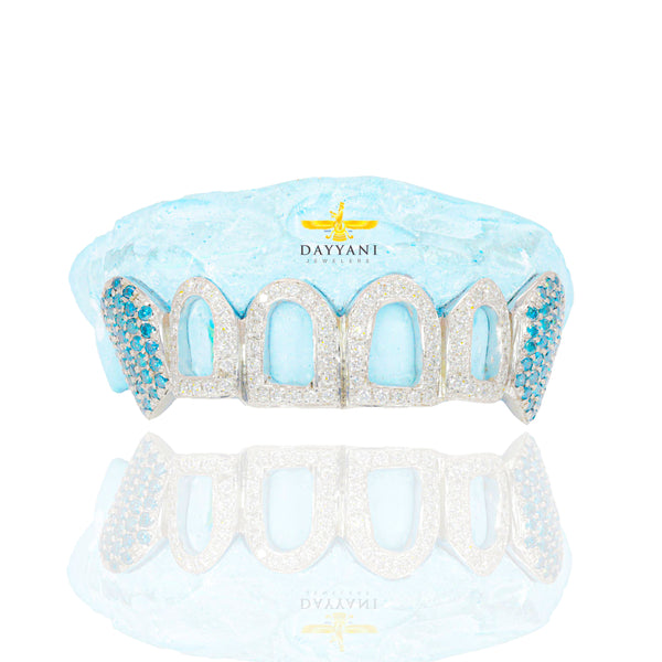 Custom Diamond Open Face with Blue Diamond Fangs Gold Grillz