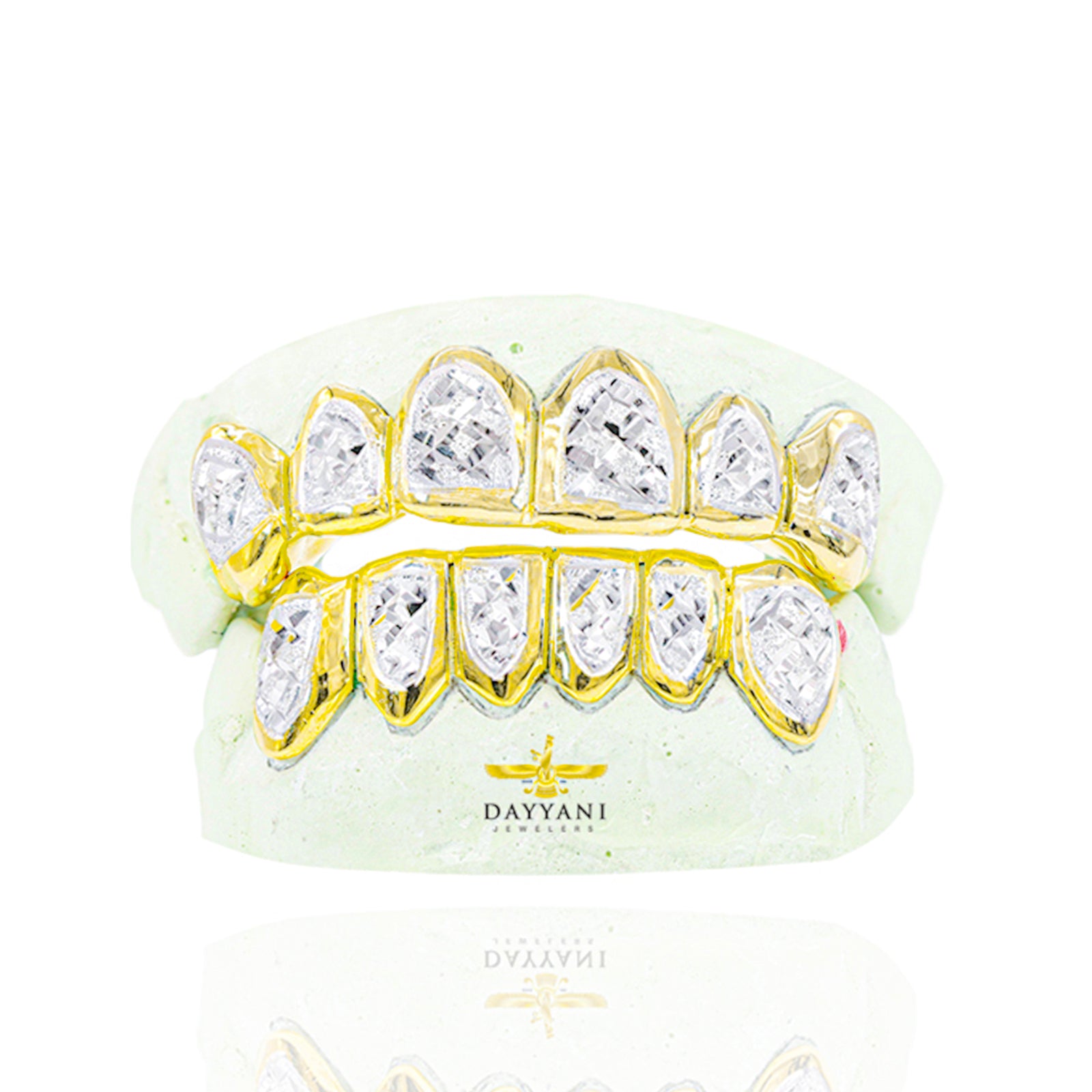 Custom Two-Tone Diamond Cut & Diamond Dust w/ Solid Trim Gold Grillz
