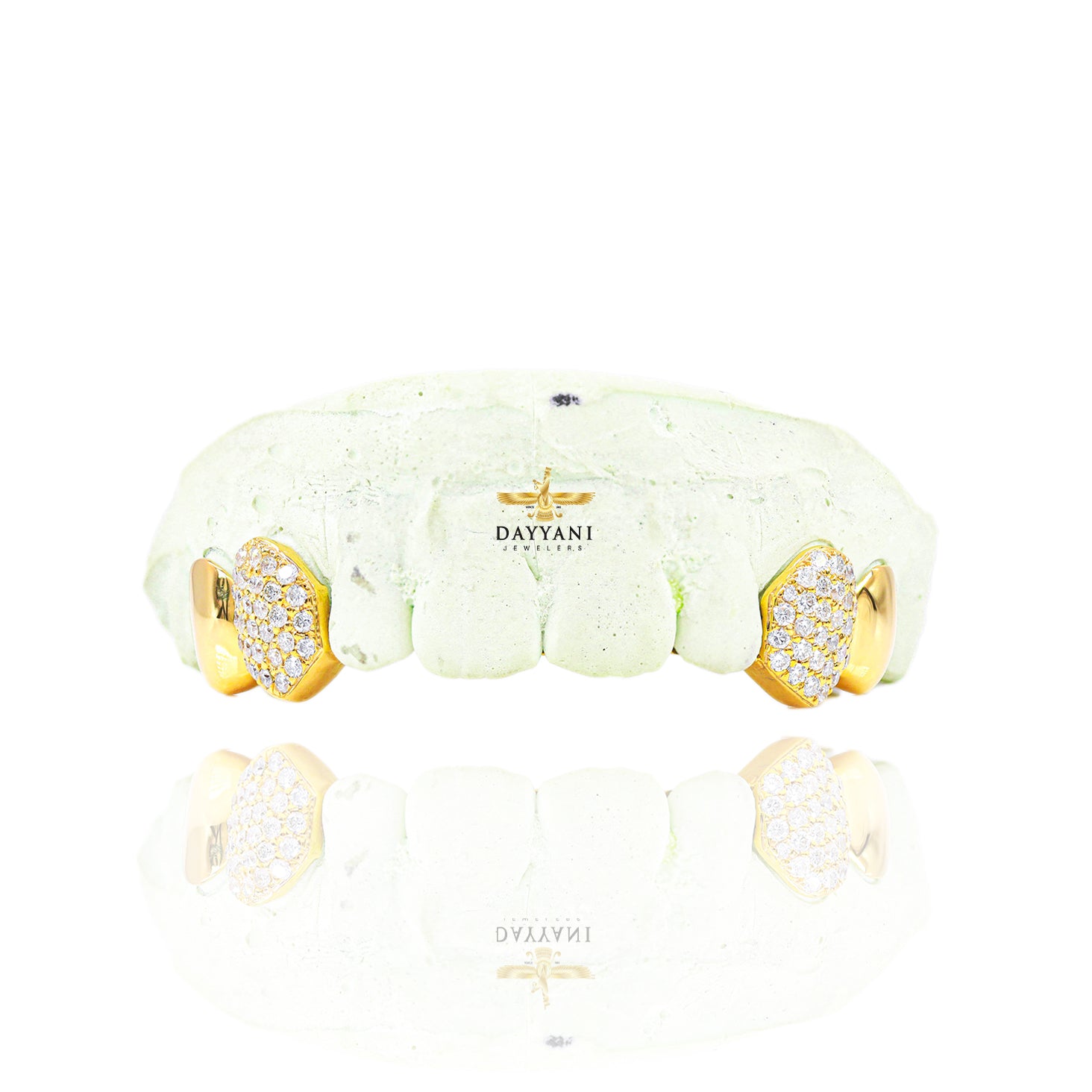 Custom 2 Teeth Diamond Grillz with Solid Ends Gold Grillz