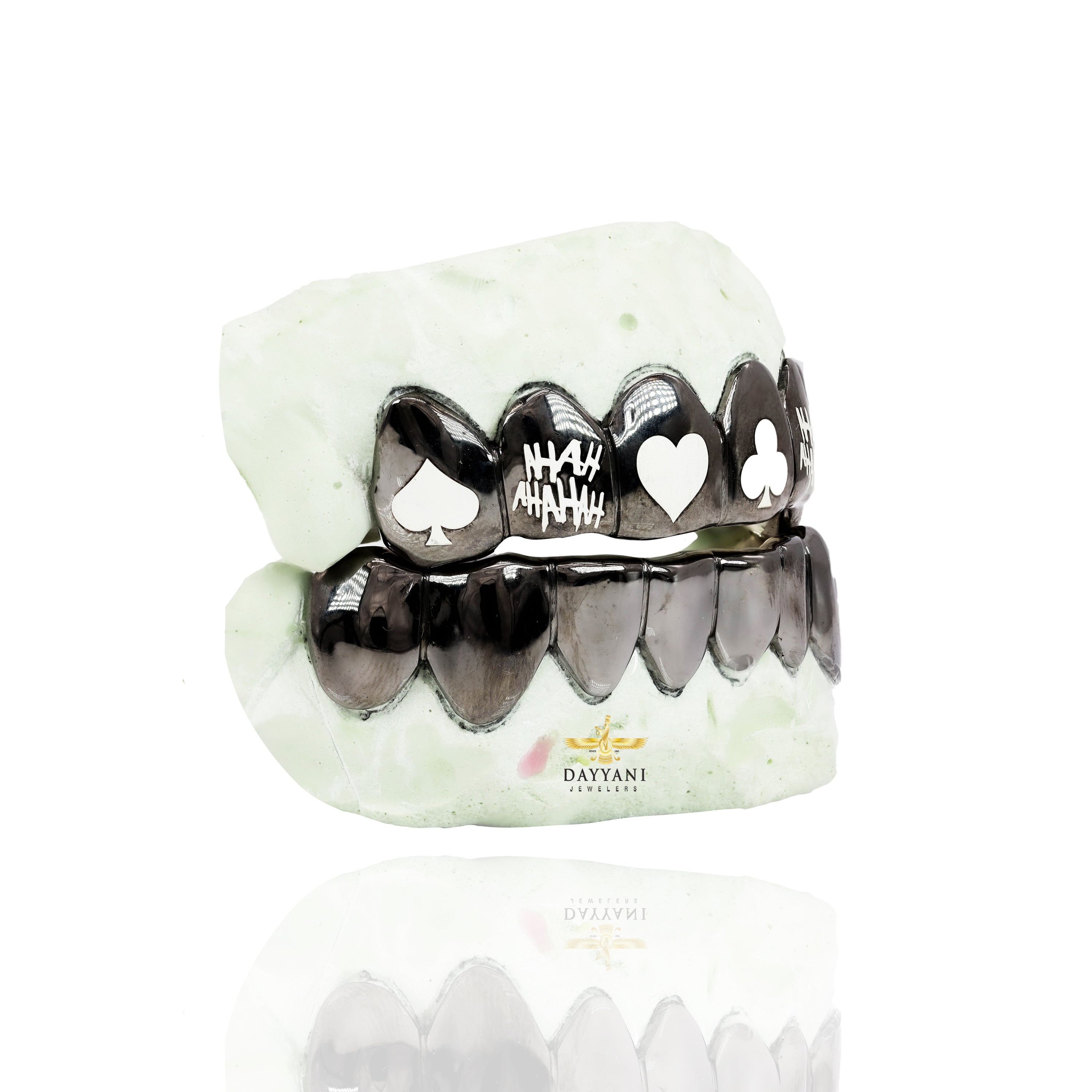 Custom 6 Teeth Joker Grill with Black Rhodium with Engravings Gold Gri