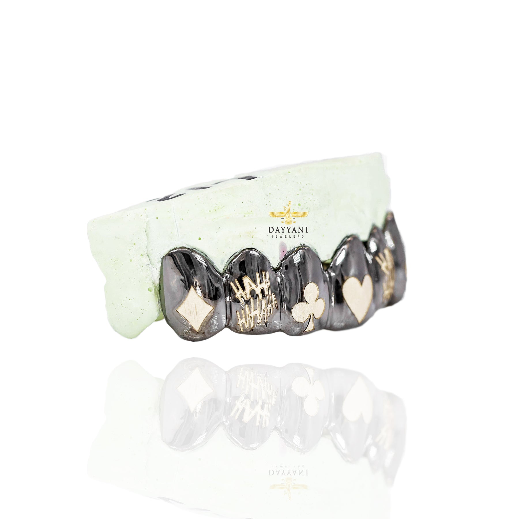 Custom 6 Teeth Joker Grill with Black Rhodium with Engravings Gold Gri